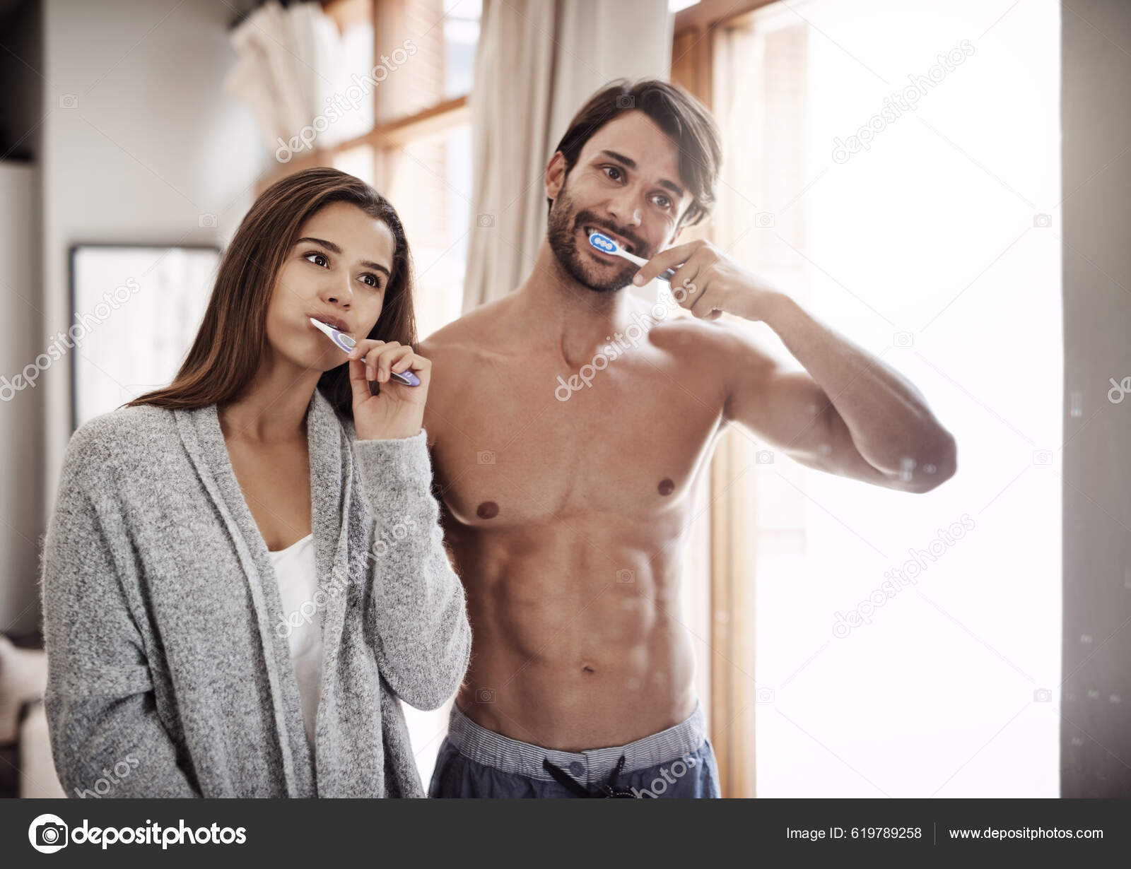 Morning Minty Freshness Young Couple Brushing Teeth Together Home ...