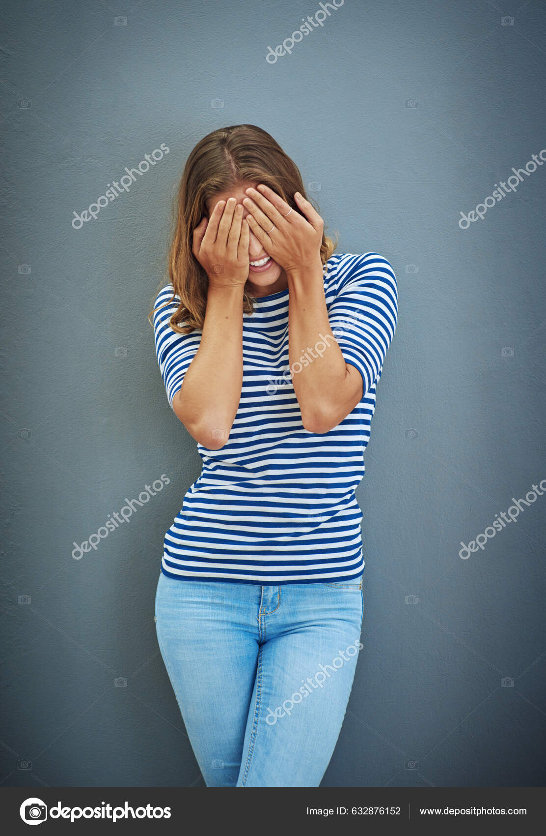 How Embarrassing Studio Shot Young Woman Covering Her Eyes Gray — Stock ...