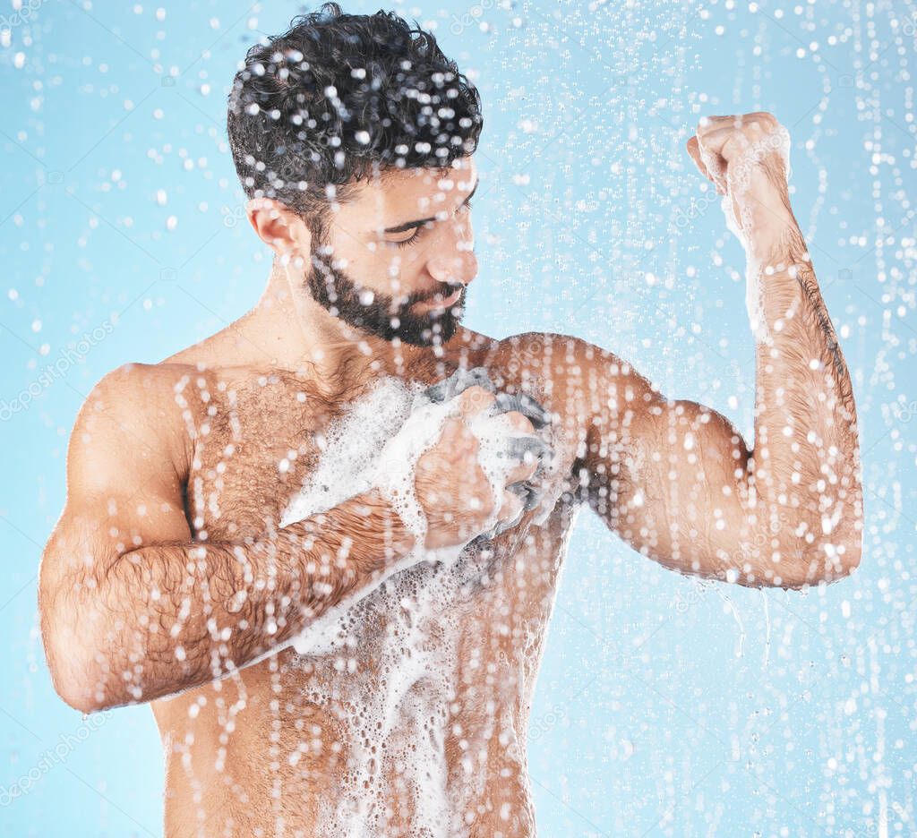Shower, water and man cleaning with soap for body care, washing and ...