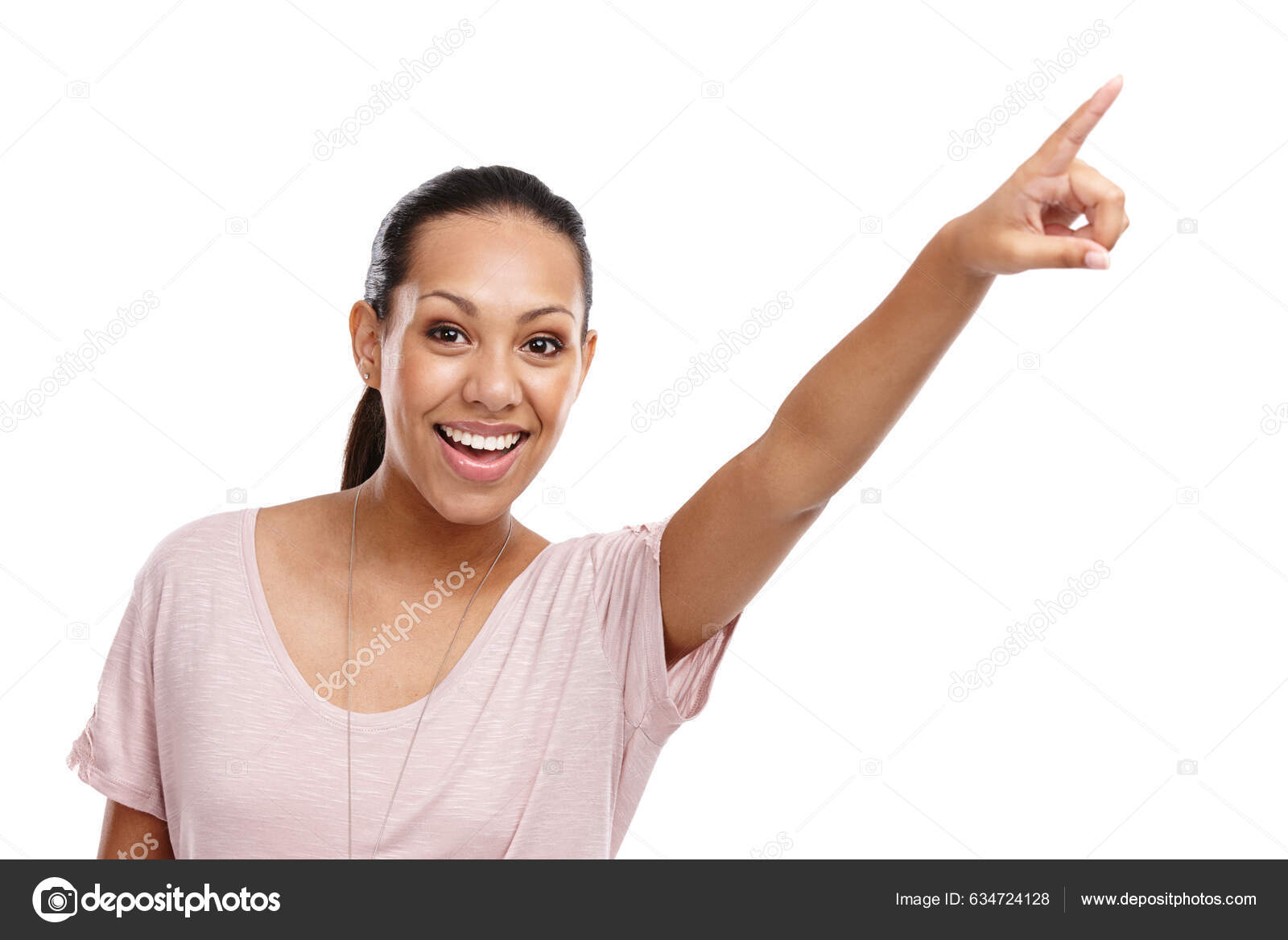 Black Woman Excited Portrait Pointing Finger Studio Advertising Mockup Marketing — Stock Photo ...