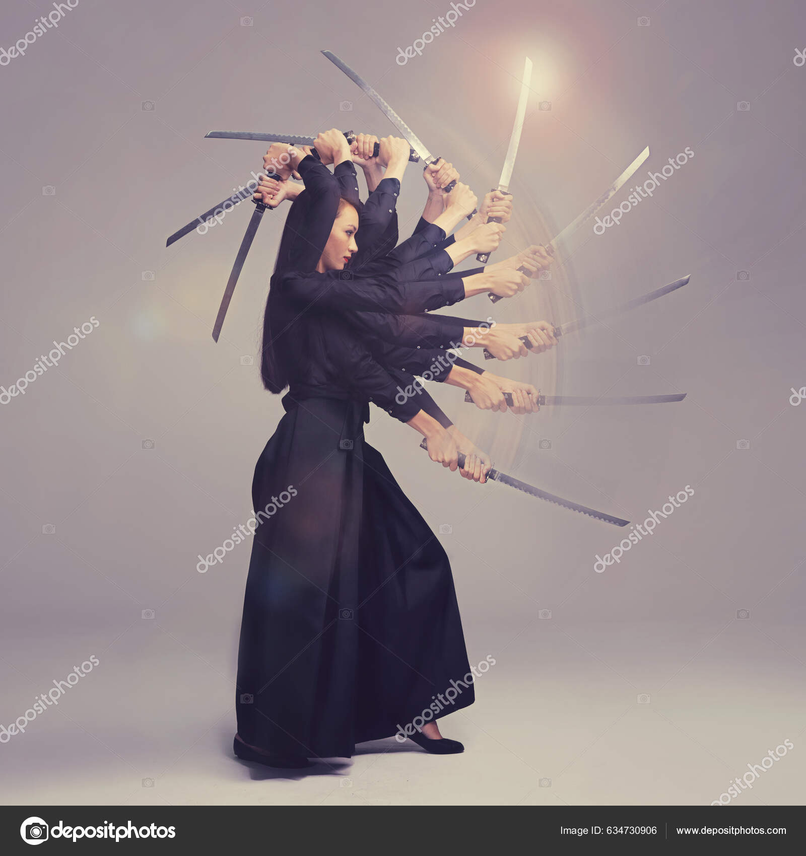Woman Warrior Nun Sword Martial Arts Motion Blur Strike Studio — Stock ...