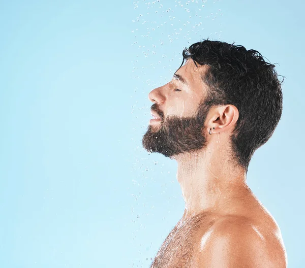 Man Water Drop Shower Hygiene Self Care Cleaning Blue Background Stock Photo by ©PeopleImages ...