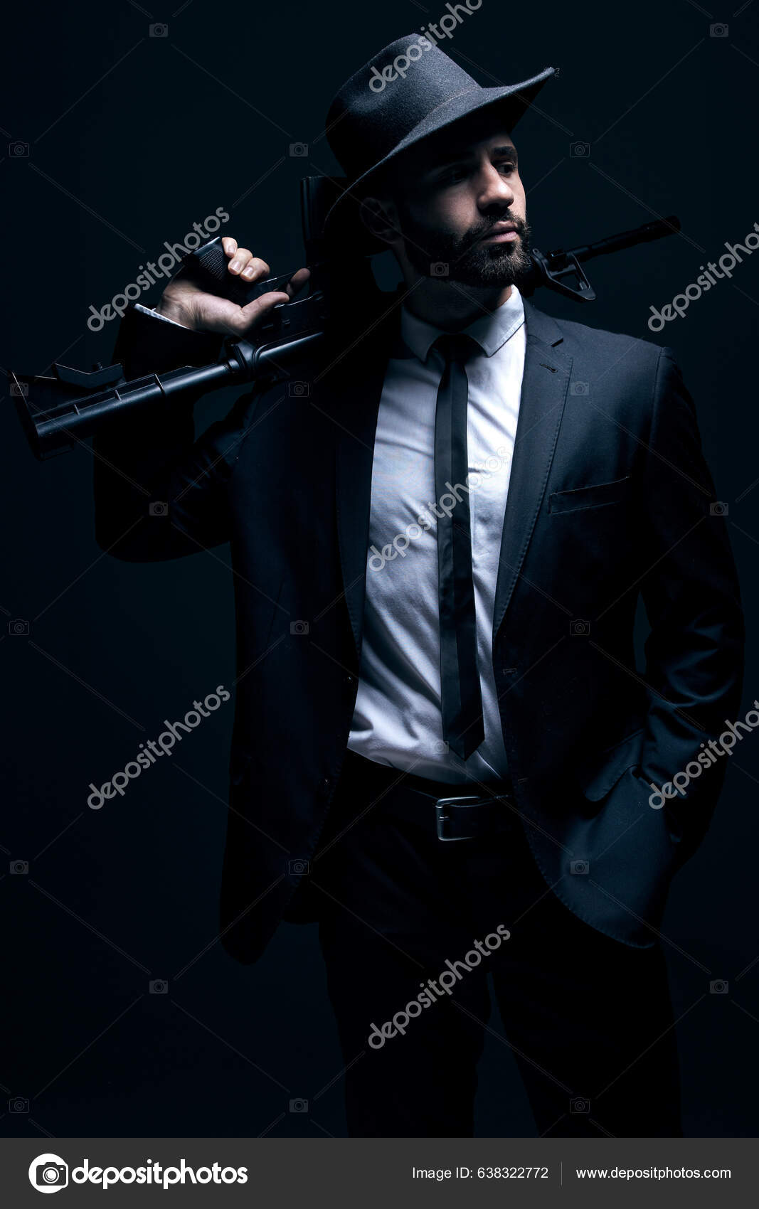 Hitman Suit Holding Gun Studio Background Dark Secret Spy Isolated ...