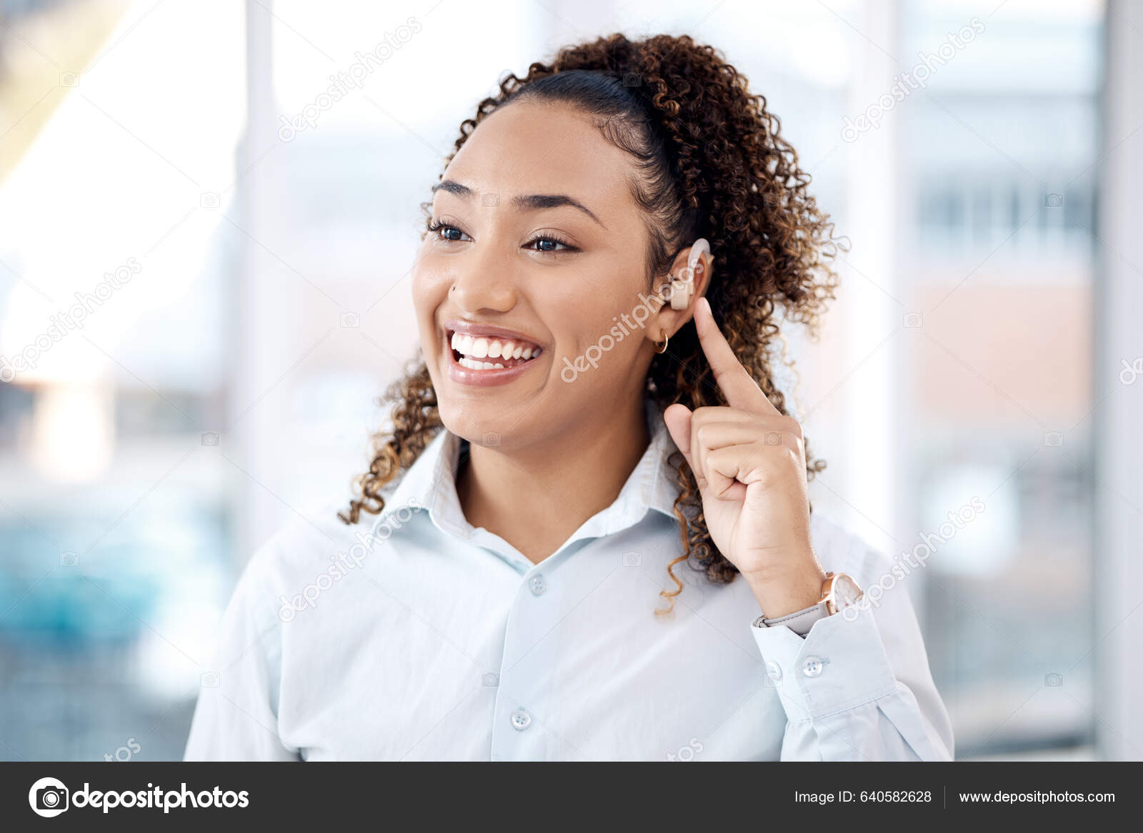 Happy Deaf Black Woman Cochlear Implant Office Communication ...