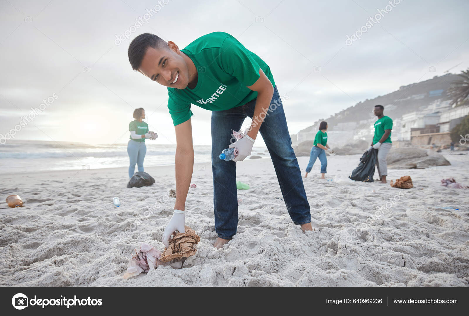 Volunteer Portrait Beach Cleaning Man Recycling Plastic Bottle ...