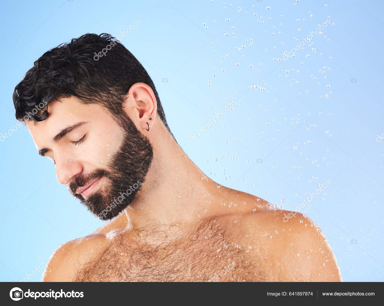 Man Water Drop Shower Hygiene Self Care Cleaning Blue Background Stock Photo by ©PeopleImages ...