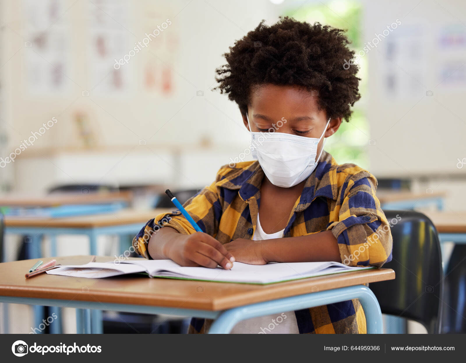 School Boy Student Learning While Writing Working His Book Classroom ...