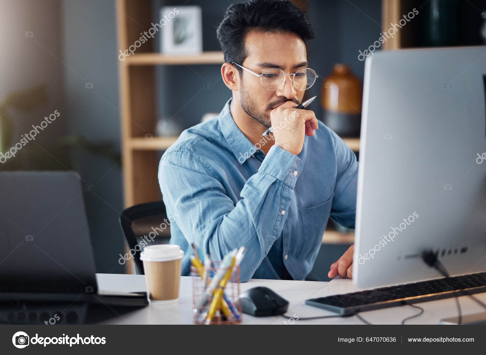 Serious Business Man Thinking Computer Office Internet Research Website ...