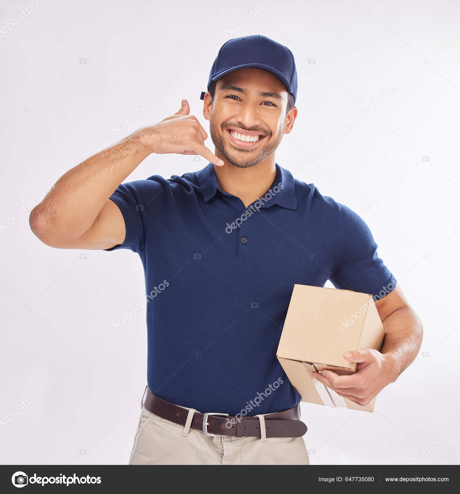 Call Delivery Man Courier Phone Gesture Happy Deliver Package Ecommerce ...