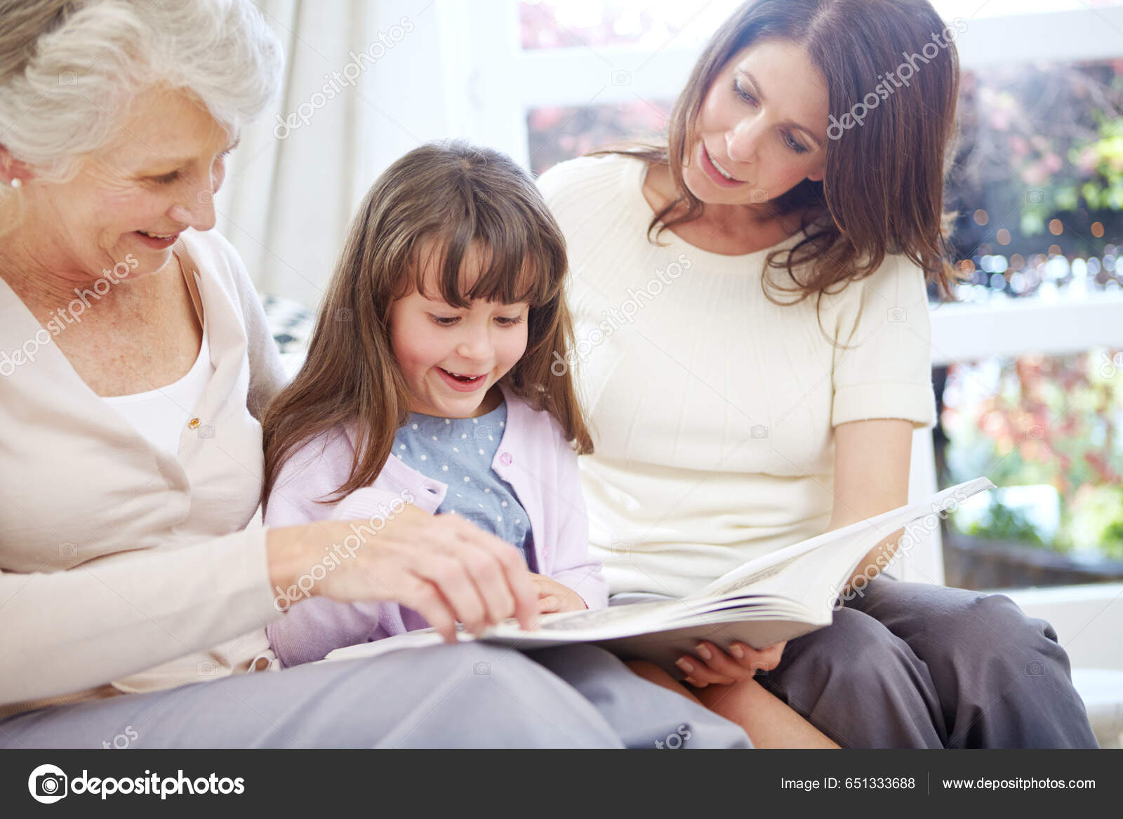 Reading Good Book Taking Journey Three Generational Family Sitting ...