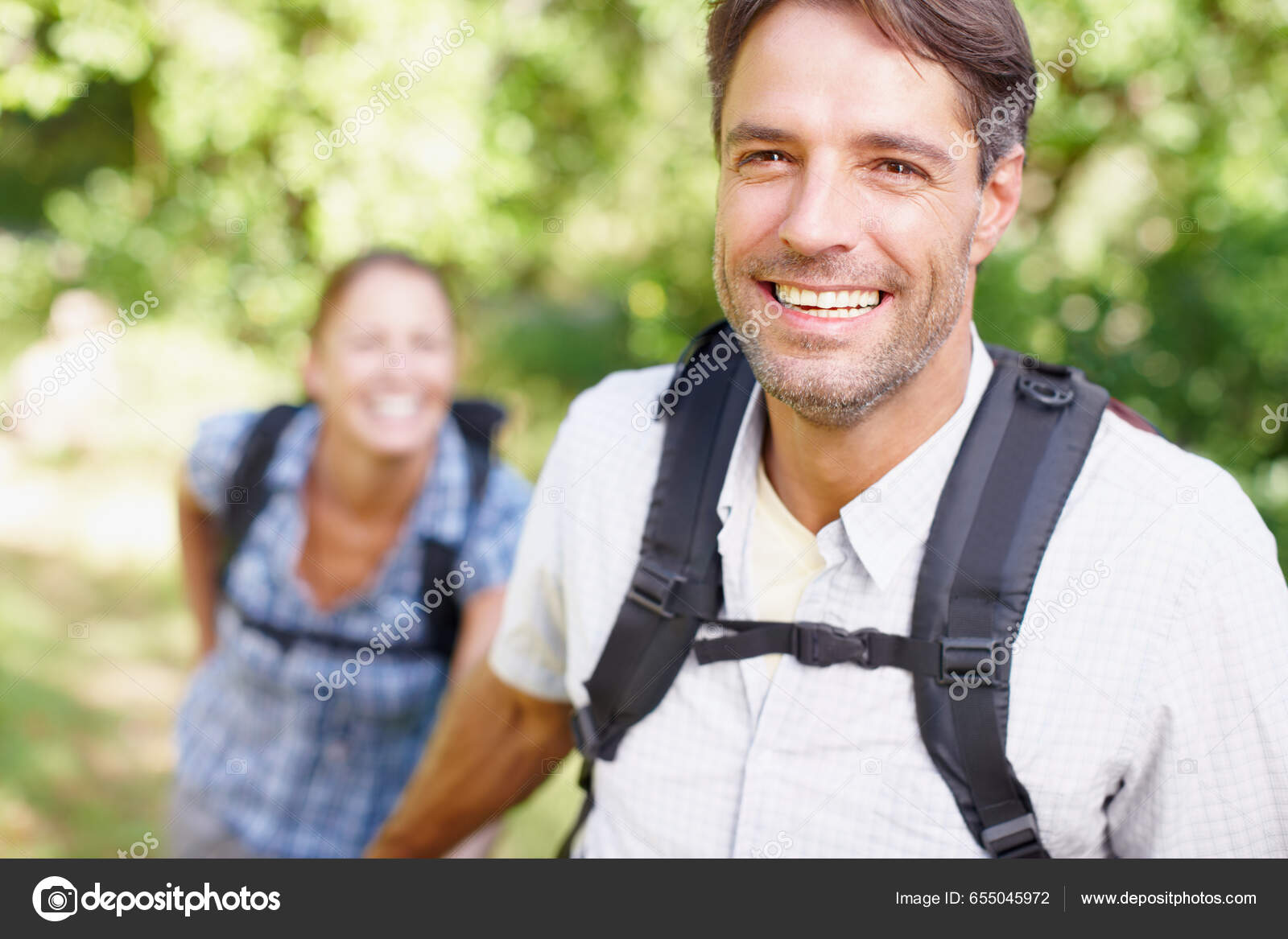 Great Day Long Walk Portrait Young Man Backpack Smiling His — Stock ...
