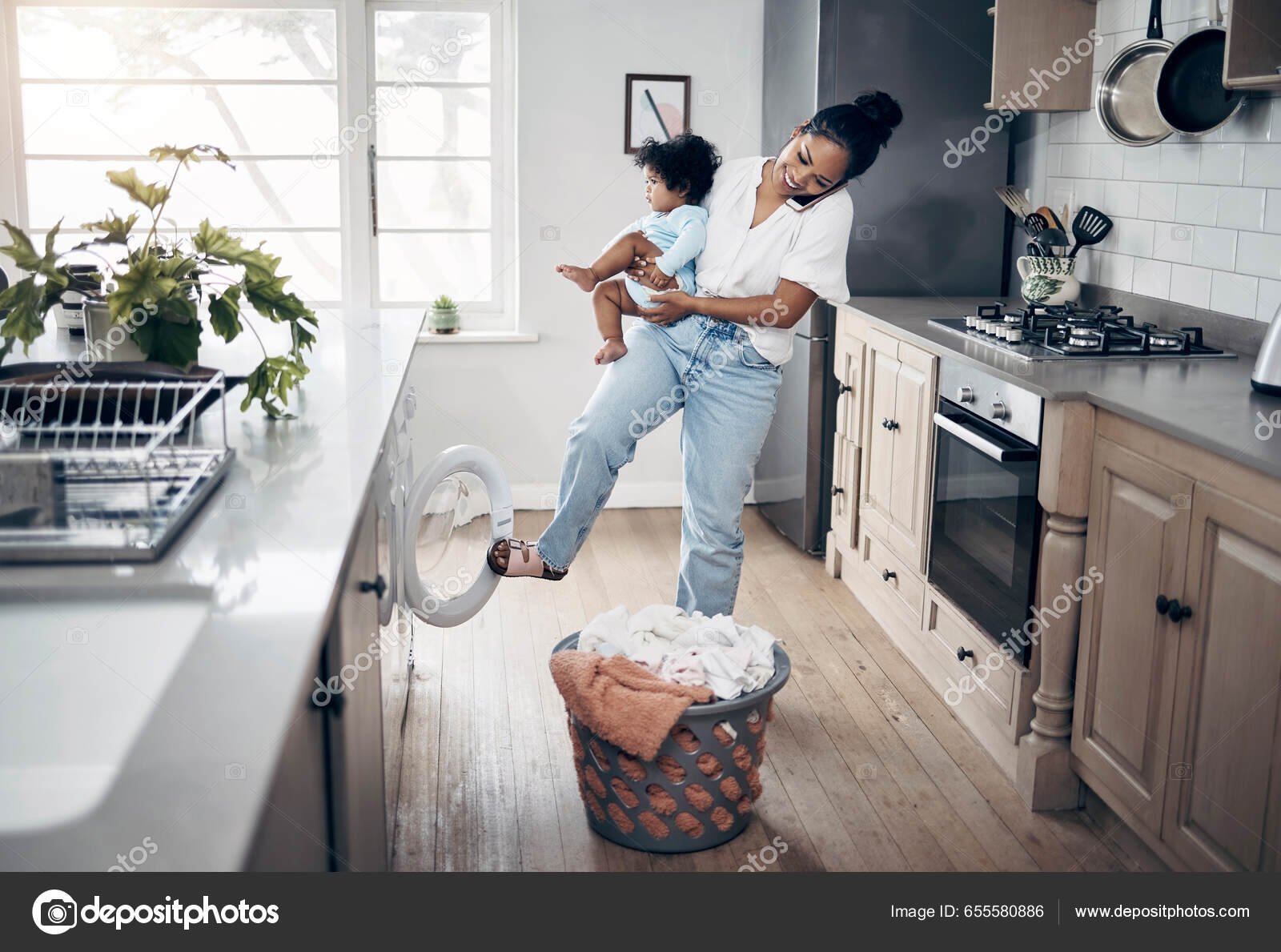 Skills Working Mom Young Mother Using Cellphone While Completing ...