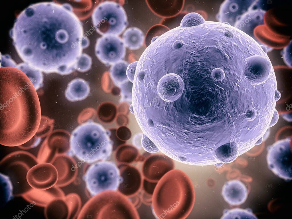 Microscopio, virus y células sanas con sangre, enfermedad y problemas ...