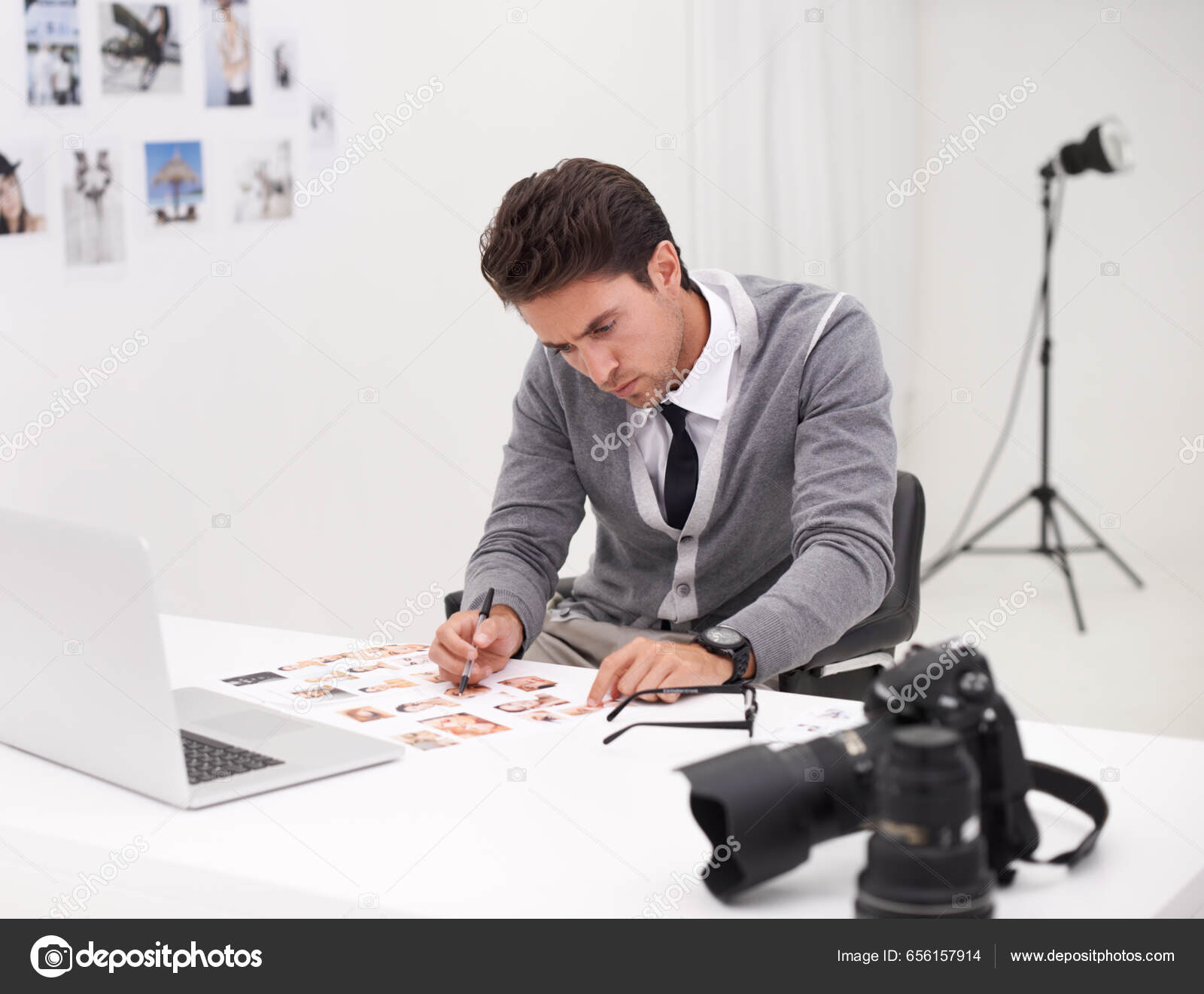 Working Final Edit Young Photographer Sitting His Desk Editing Images ...