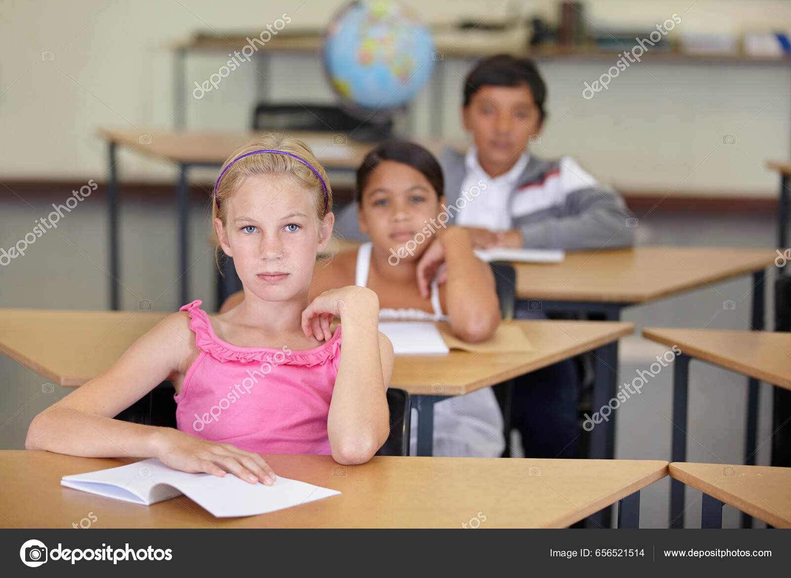 Portrait Serious Kids Student Classroom Book Ready Learn Study Class ...