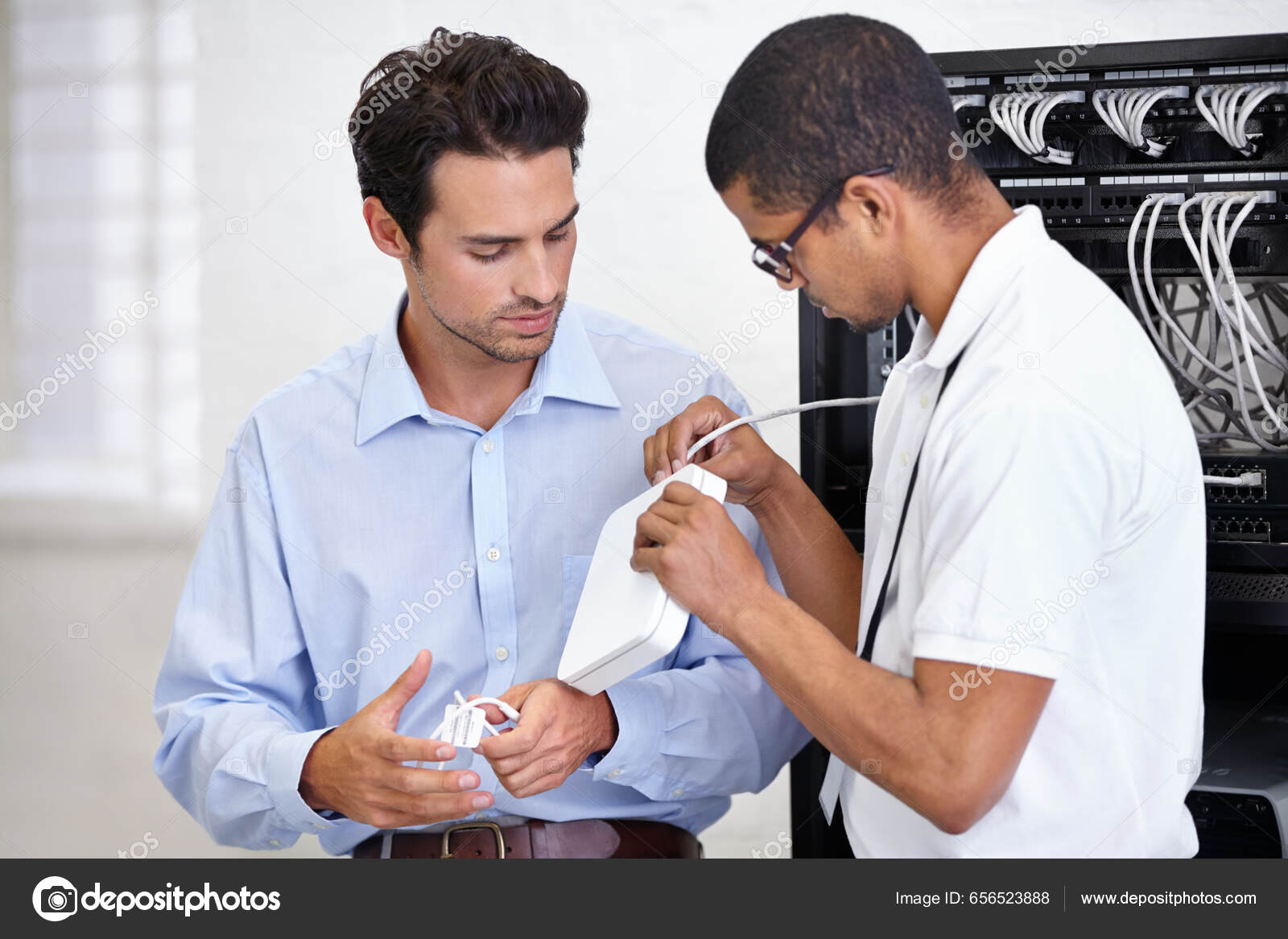 Server Room Modem Connection Technician Talking Business Man Cyber ...