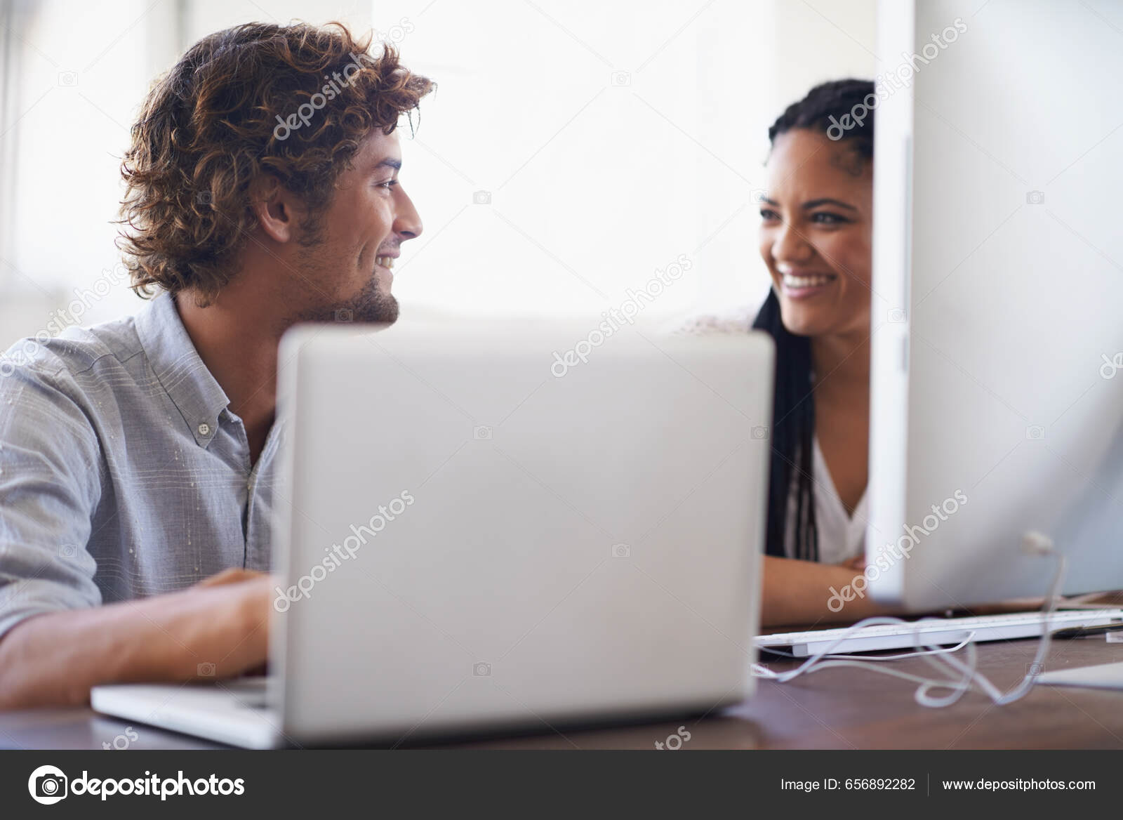 Happy People Talking On Computer