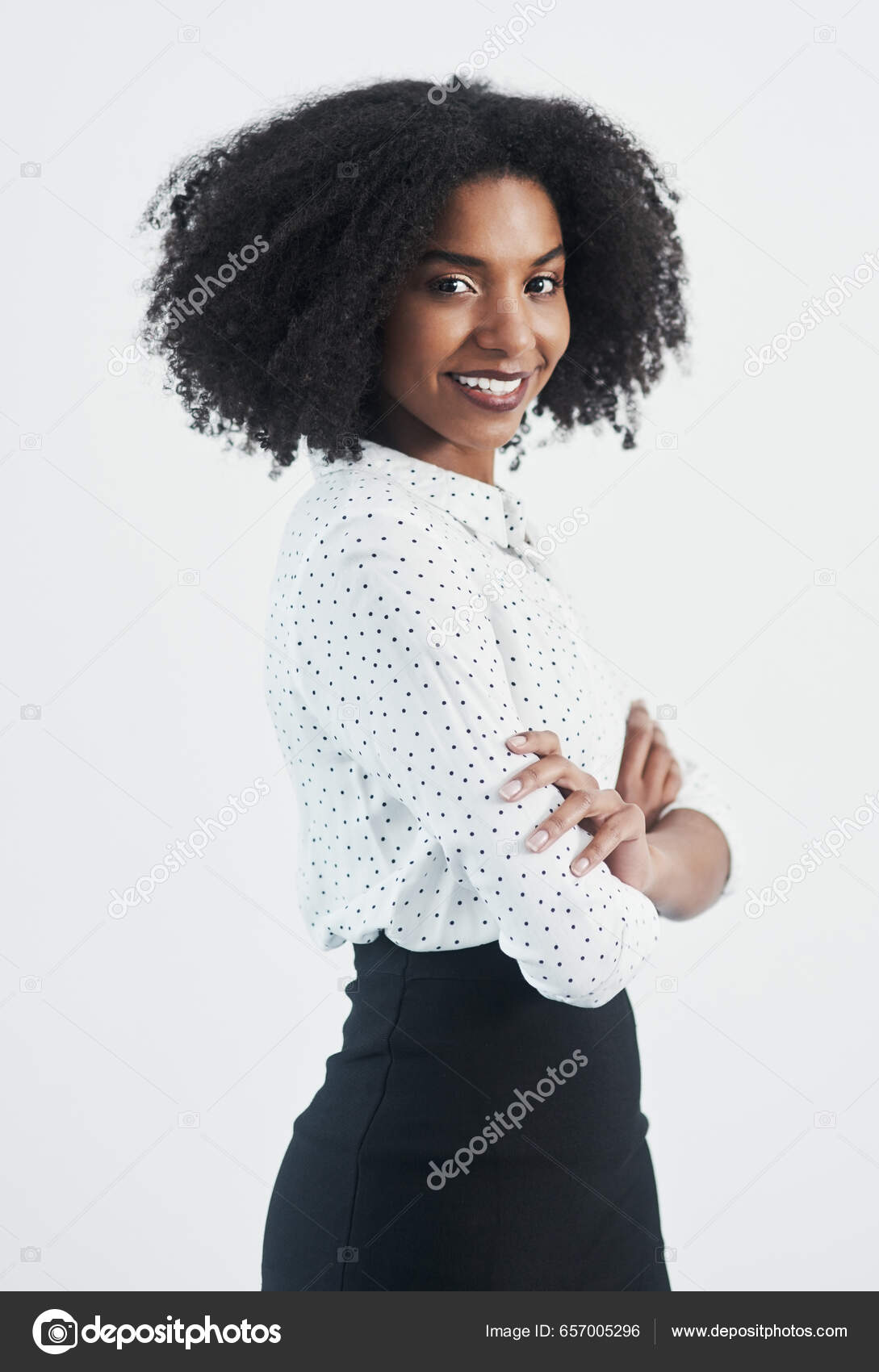 Business Happy Portrait Black Woman Arms Crossed Studio Isolated White — Stock Photo ...