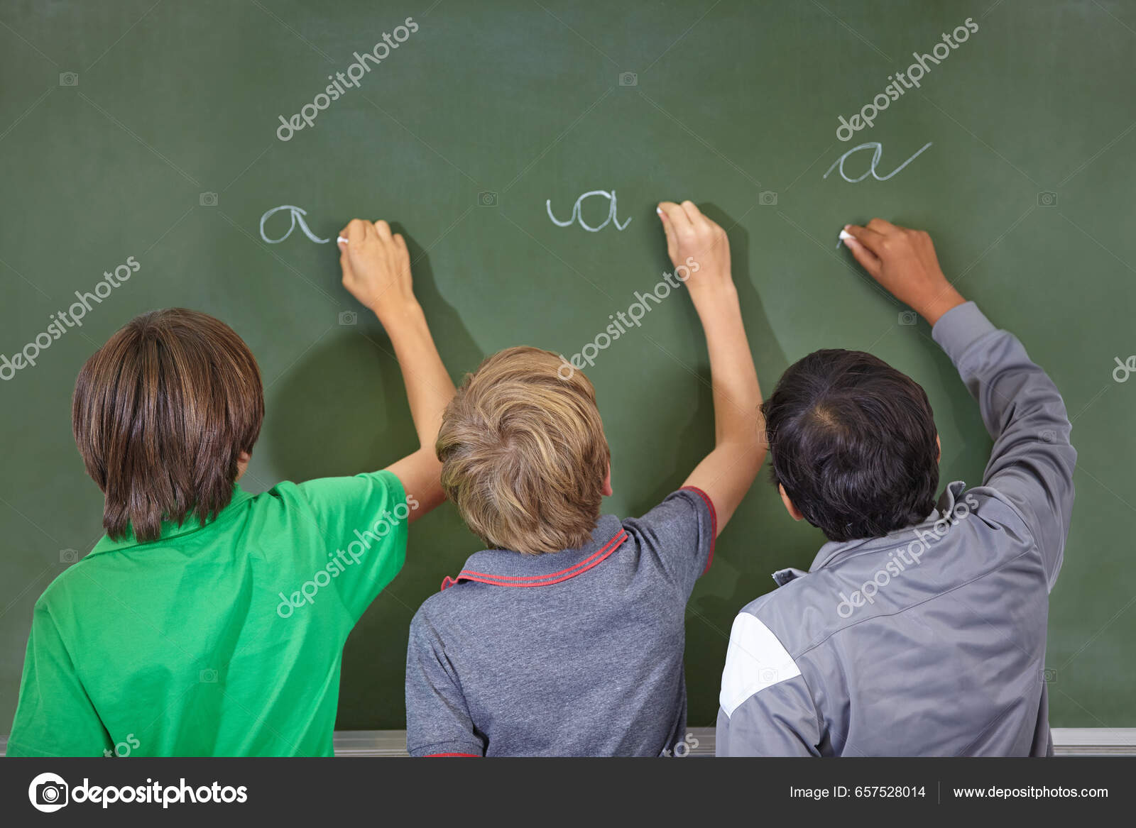 Best Way Learn Three Children Writing Black Board — Stock Photo ...