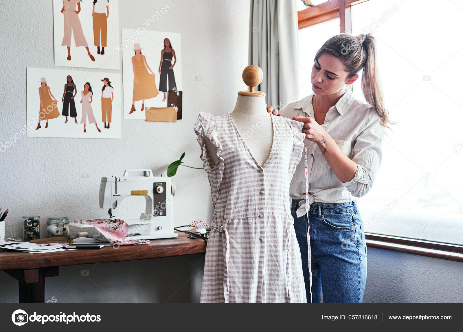 Fashion Design Woman Mannequin Measuring Tape Sewing Machine Creative ...