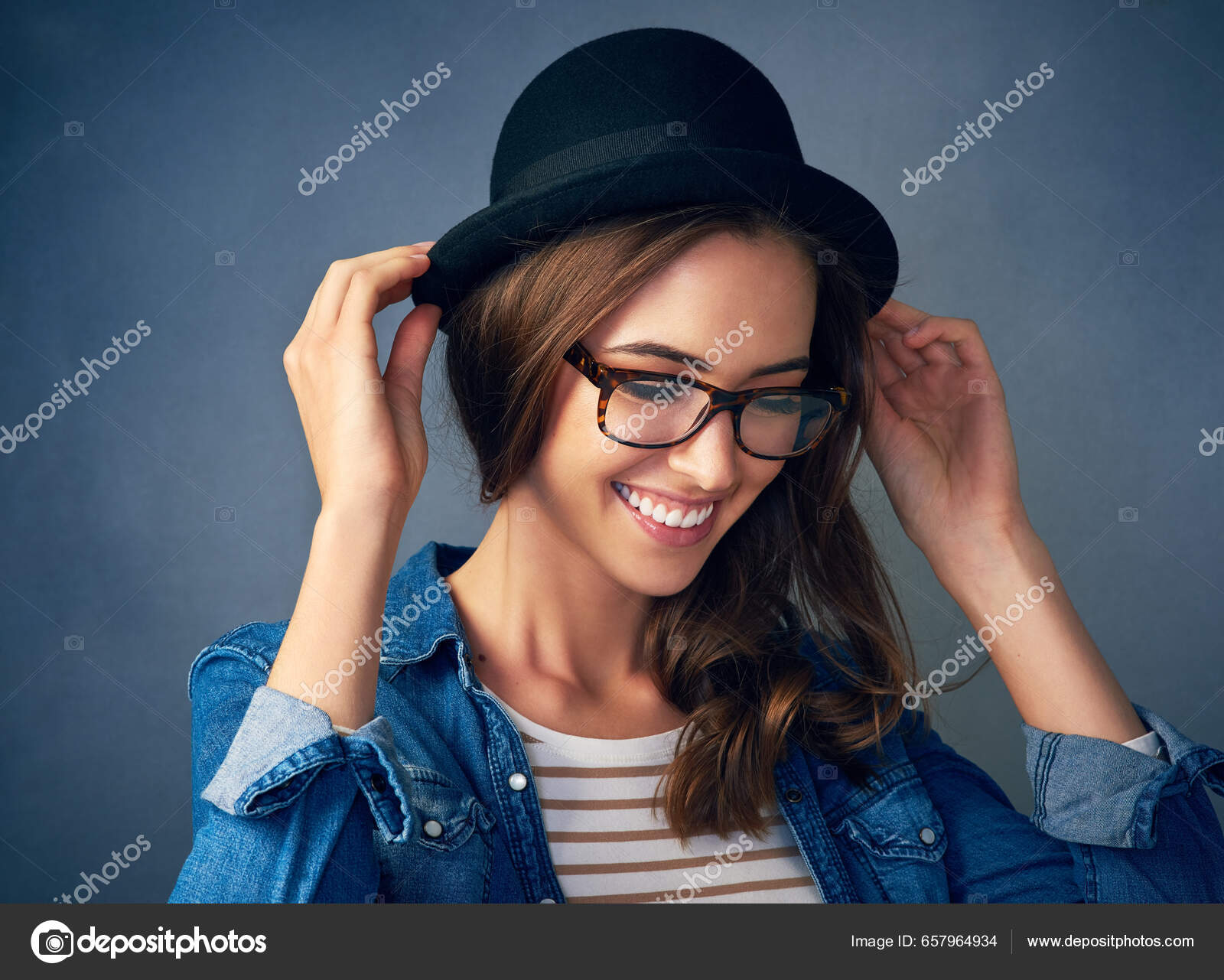 Wear Your Style Your Way Quirky Young Woman Smiling Gray Stock Photo by ...