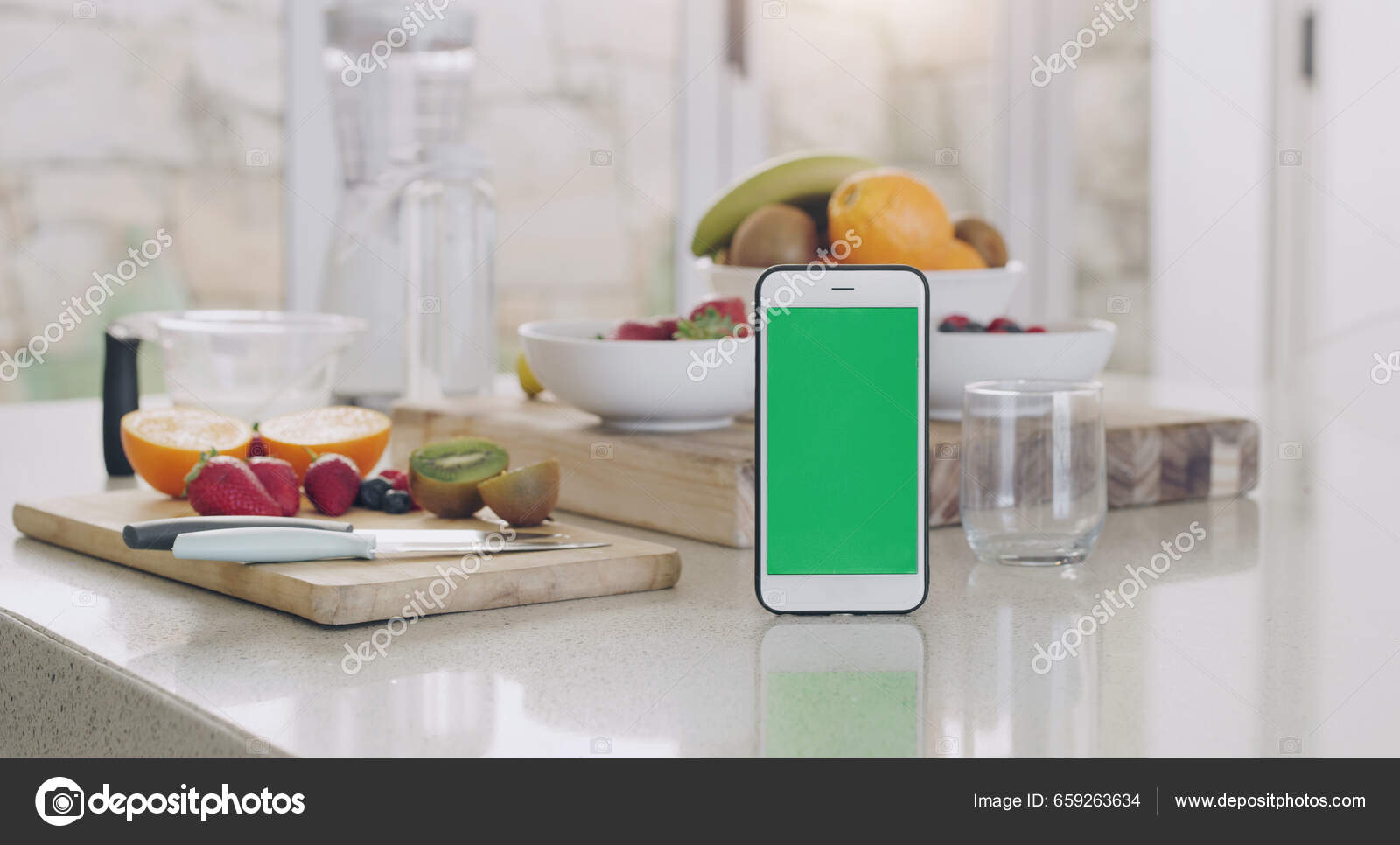 Phone Green Screen Kitchen Fruit Diet App Table Blurred Background ...
