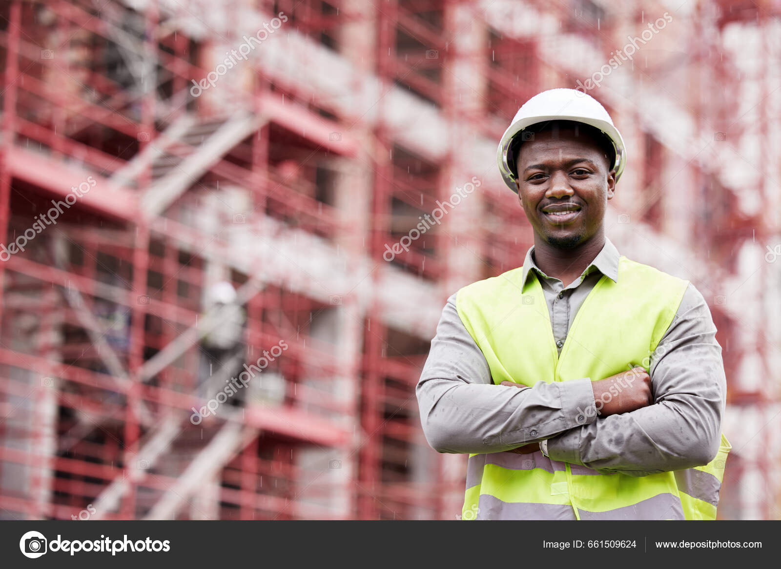 Retrato Del Orgulloso Ingeniero Negro Obra Construcción Maqueta Con ...