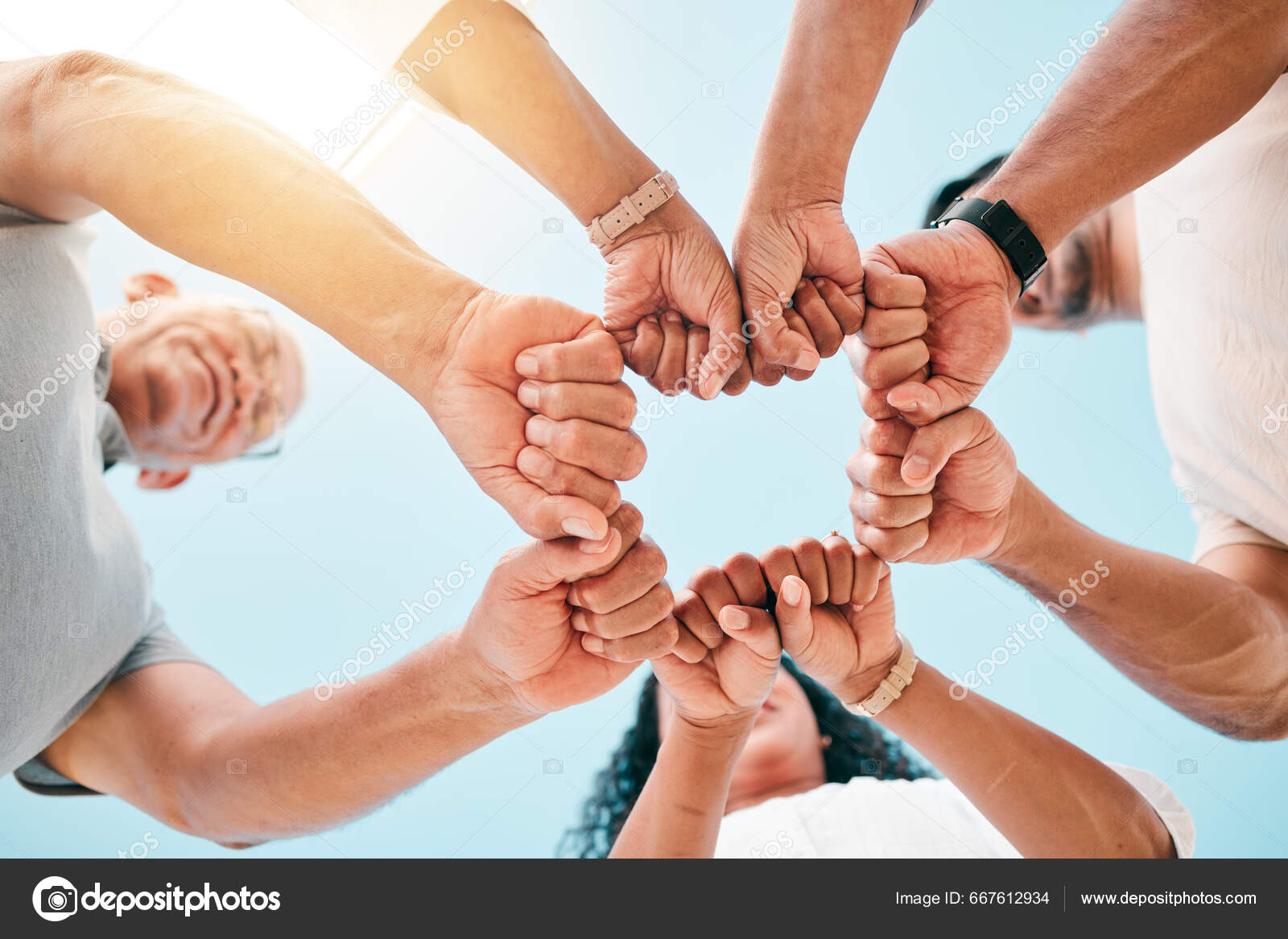 Fist Bump Hands Business People Support Sky Background Teamwork Solidarity — Stock Photo ...