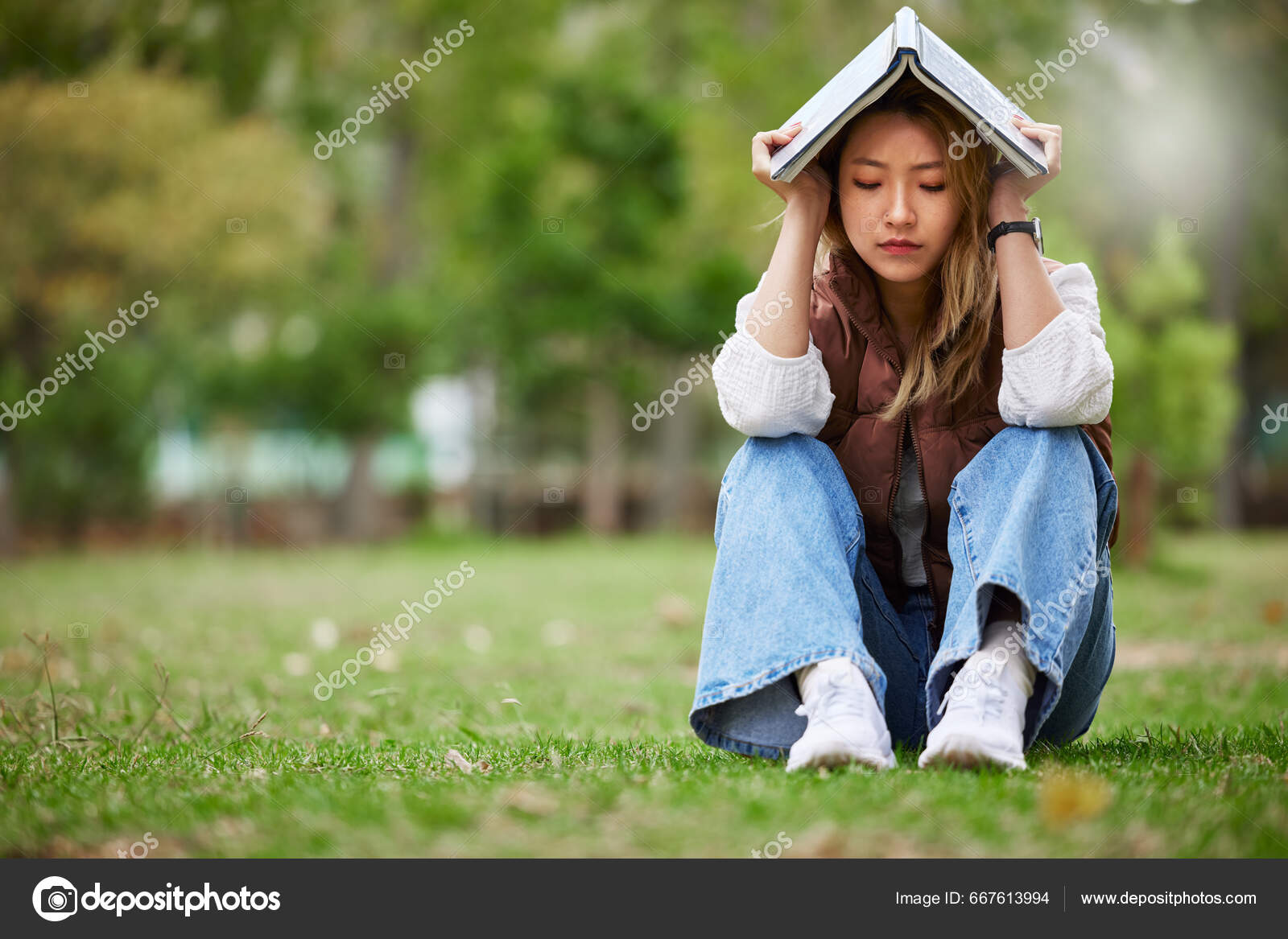 Study Sad Book Woman Park Studying Thinking Depression Mockup College ...