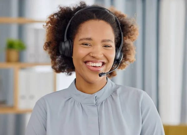 Call center, smile and portrait of woman in office, sales and telemarketing in headset at help ...