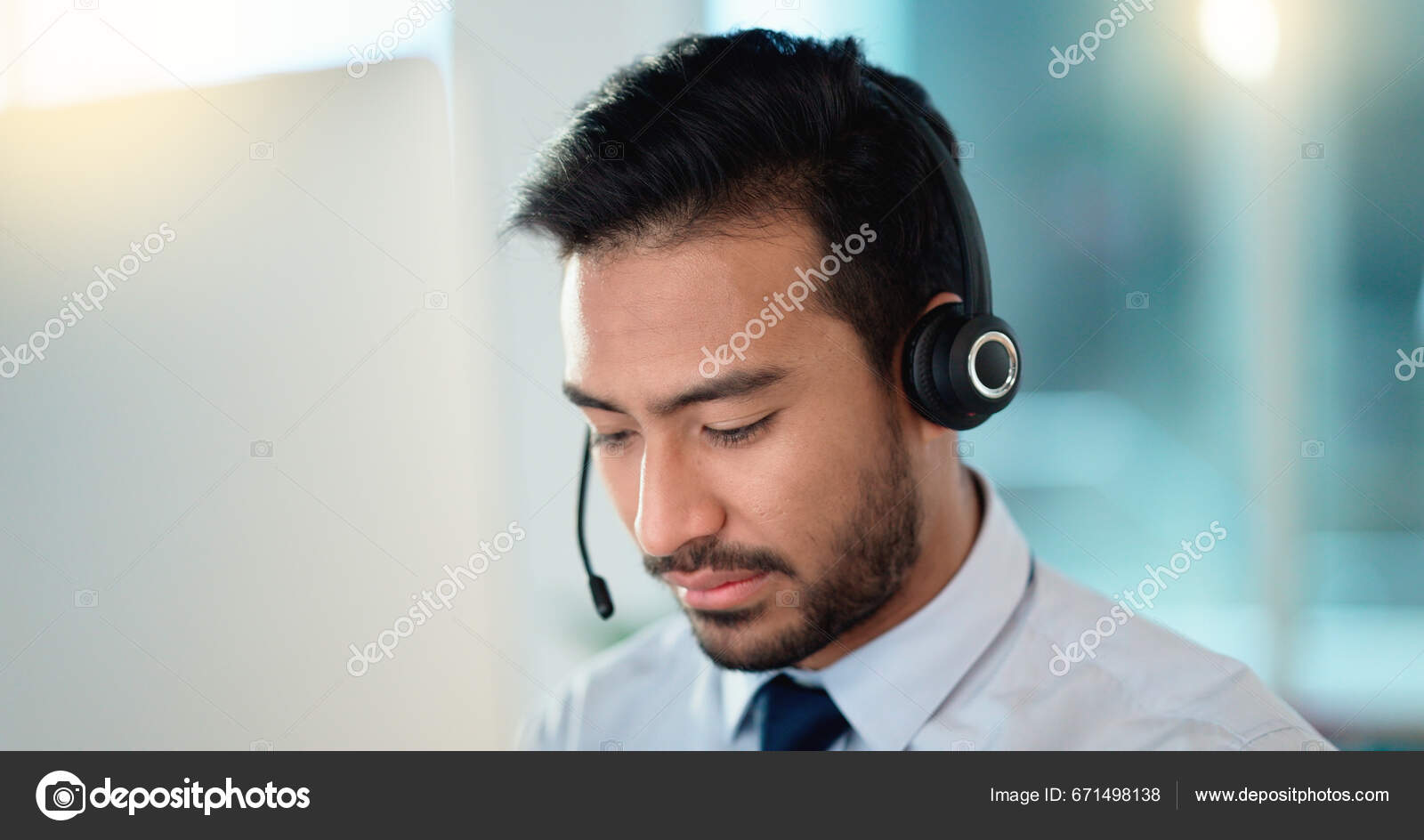 Call Center Agent Talking Listening Client Headset While Working Office ...