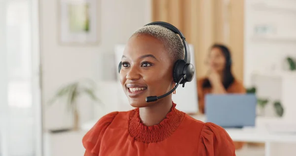 Call center, black woman and online consulting in office for CRM questions, FAQ contact and IT ...