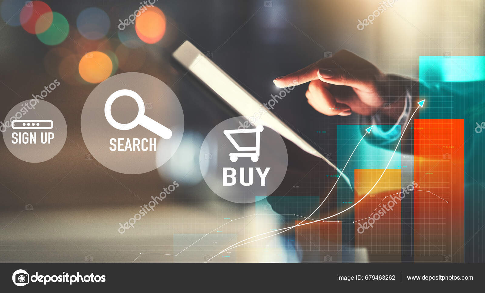 Hands Tablet Screen Icons Online Shopping Commerce Overlay Buy Sign ...