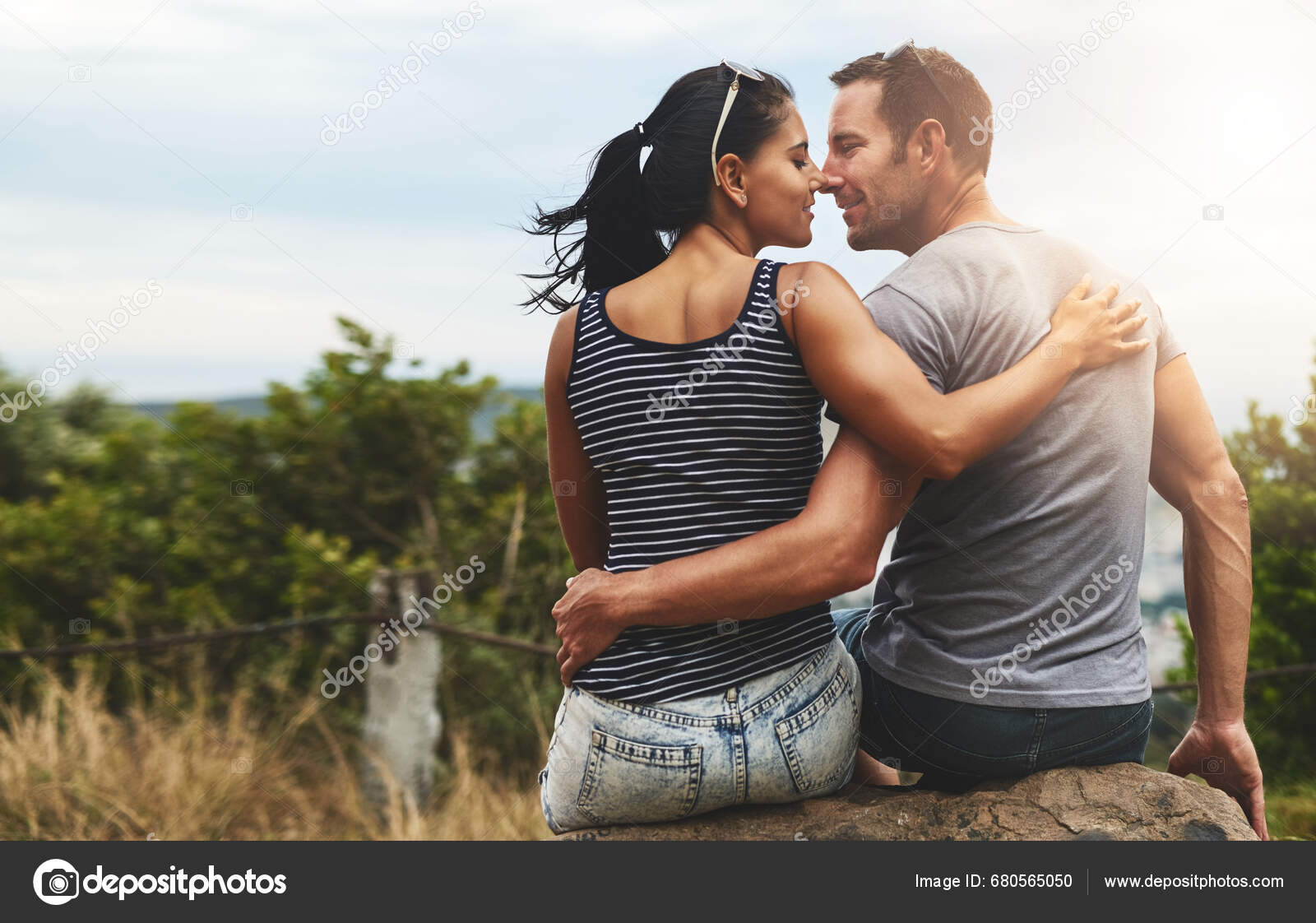 Back View Love Happy Couple Hug Park Date Freedom Care Stock Photo by ...
