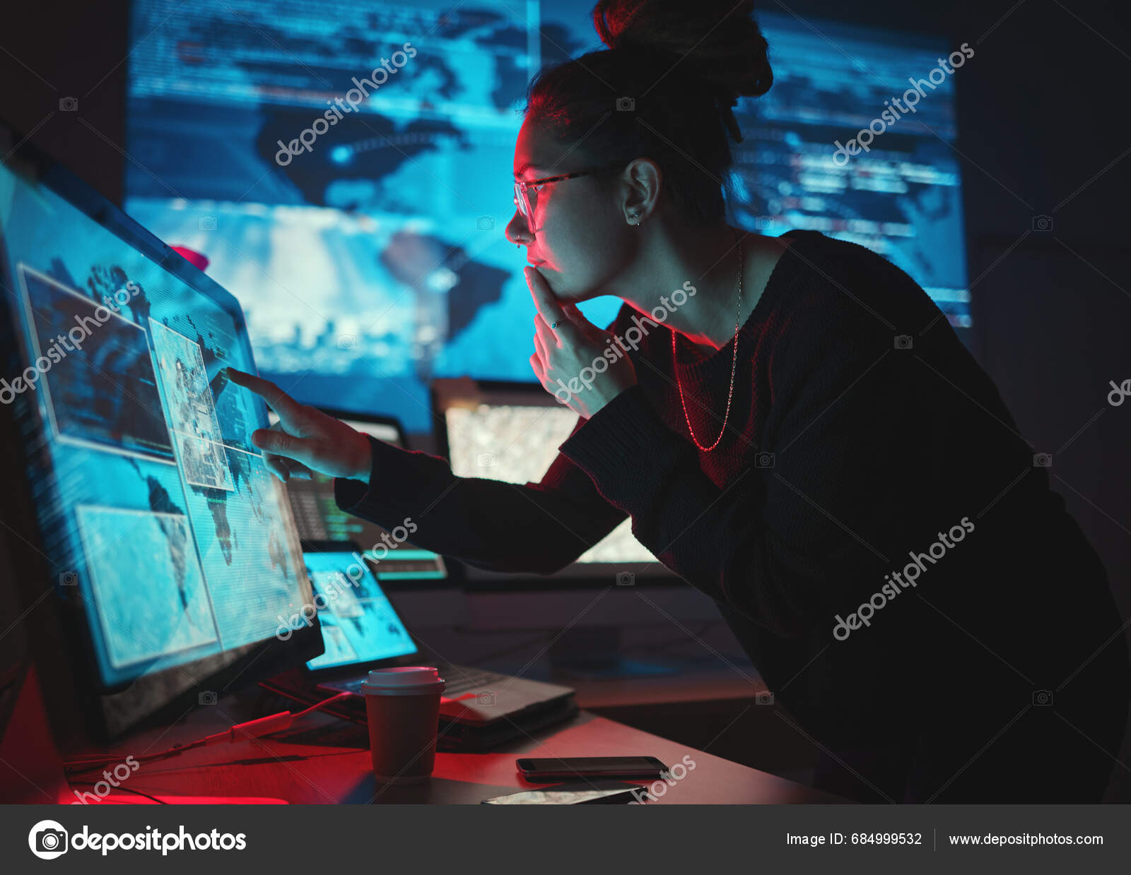 Woman Hacker Thinking Night Ideas Analysis Cyber Crime Brainstorming ...