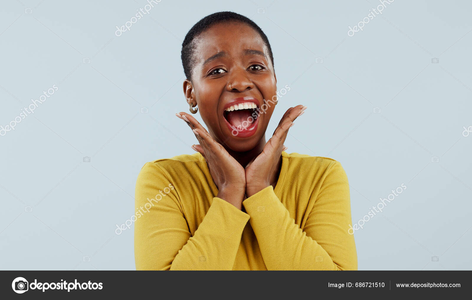 Happy Black Woman Portrait Face Surprise Winning Prize Celebration ...