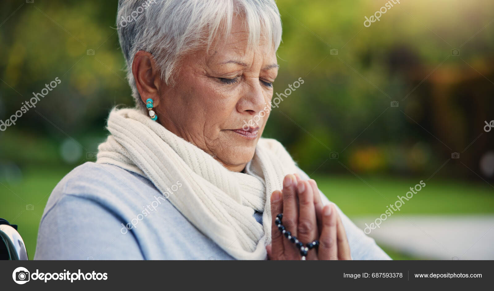 Senior Woman Praying Hands Rosary Wheelchair Nature Faith Hope ...