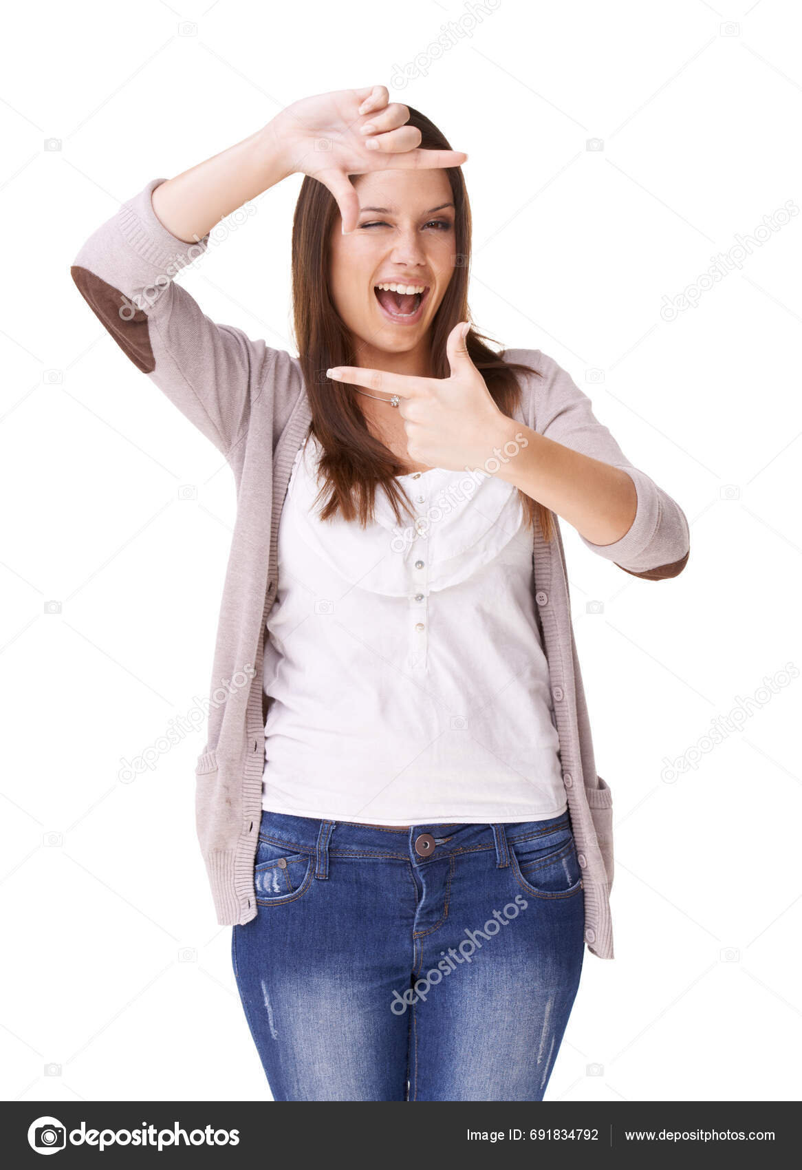 Portrait Hands Woman Selfie Frame Studio Photography Gesture Sign White ...