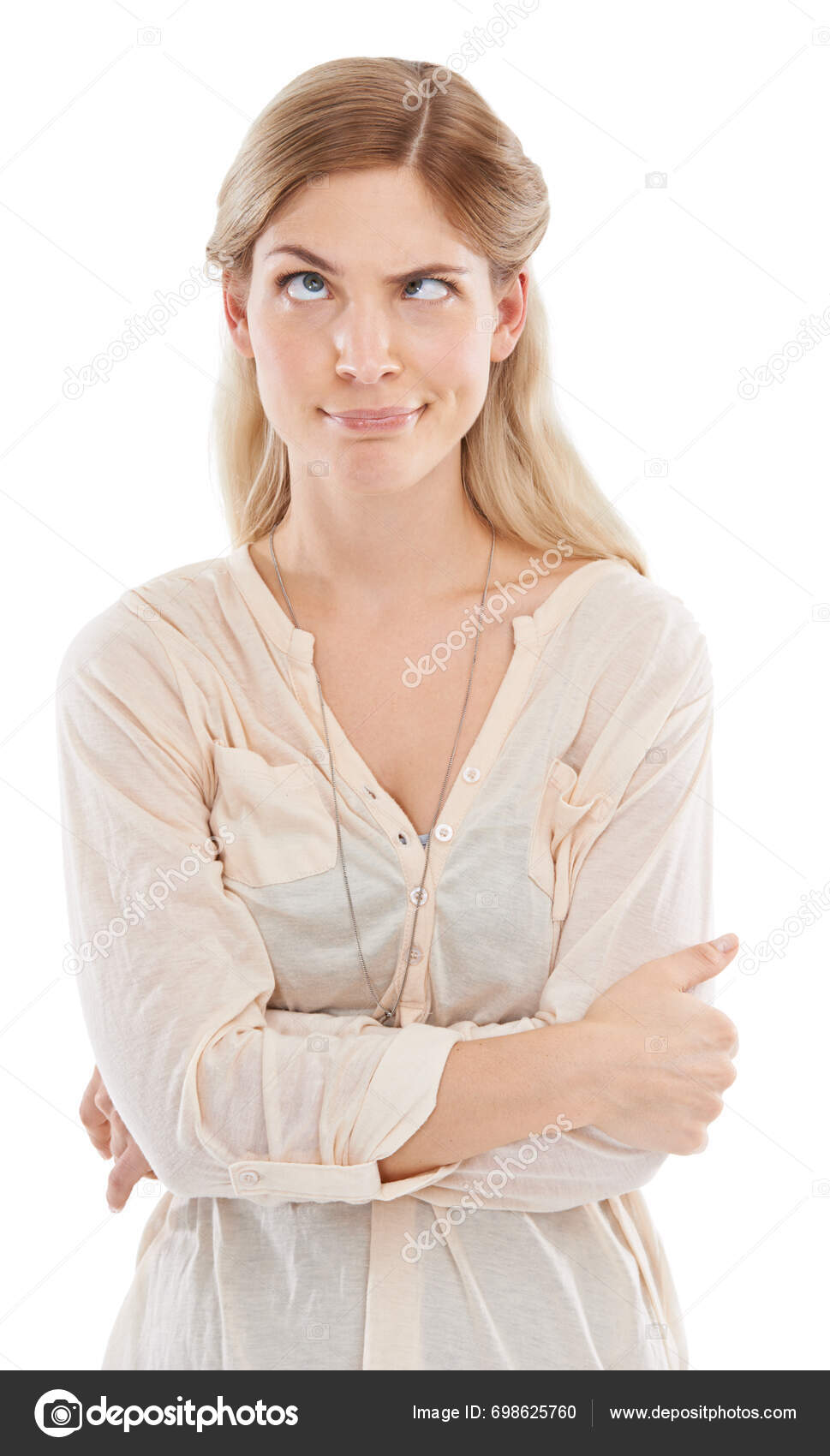 Funny Face Crazy Squint Woman Arms Crossed Studio Isolated White ...
