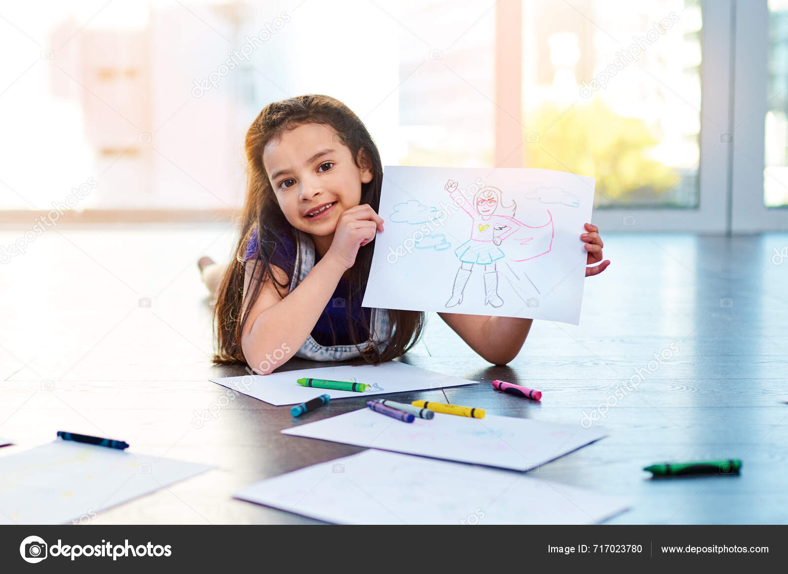 Female Child Picture Drawing Floor House Color Pencil Development Girl ...