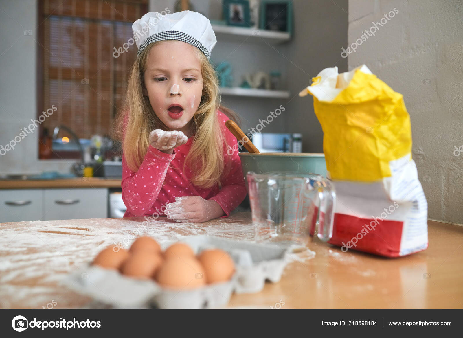 Happy Child Young Chef Baking Kitchen Learning Practice Making Dessert ...