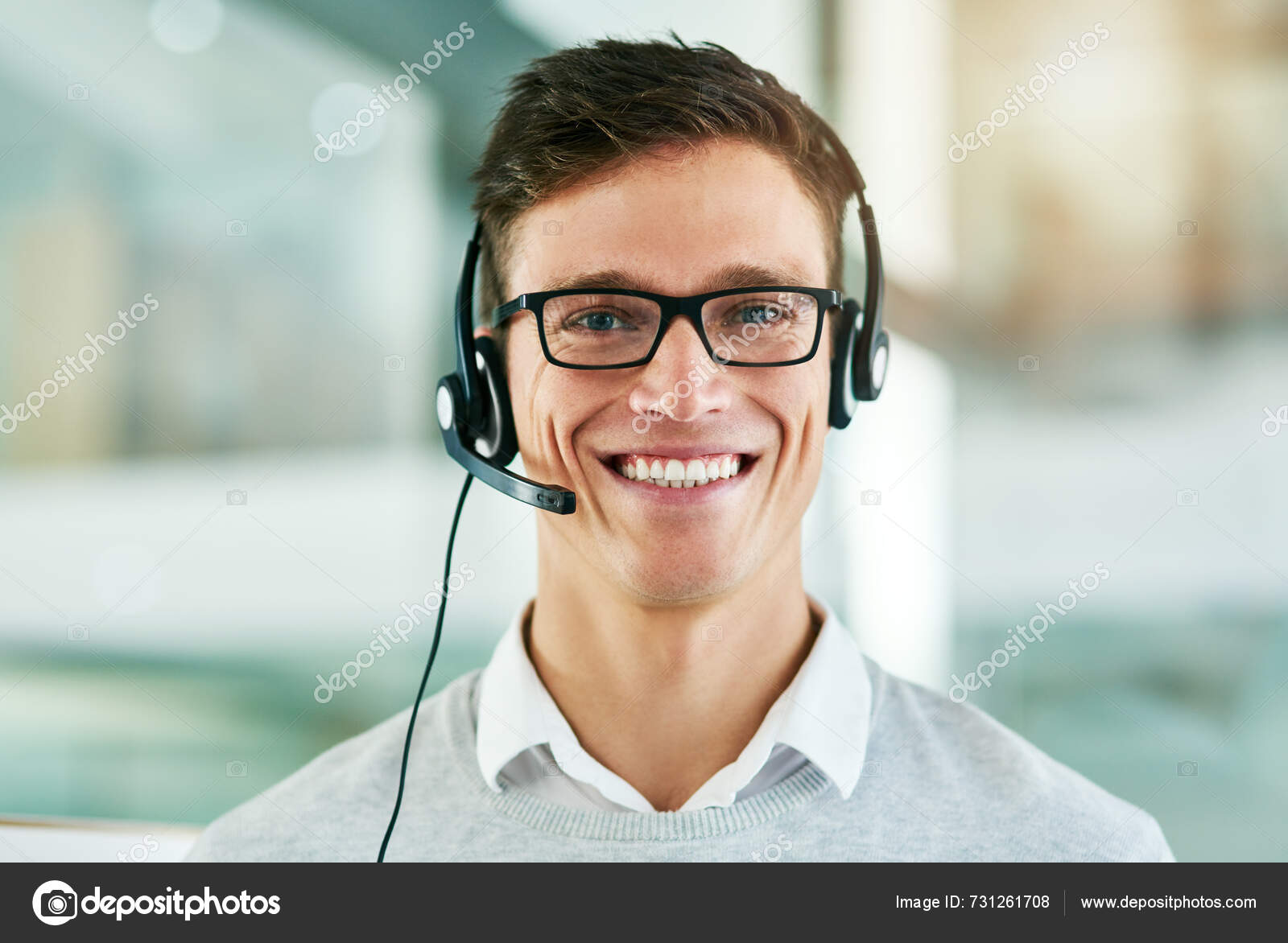 Happy Man Headset Mic Portrait Workplace Virtual Assistant ...