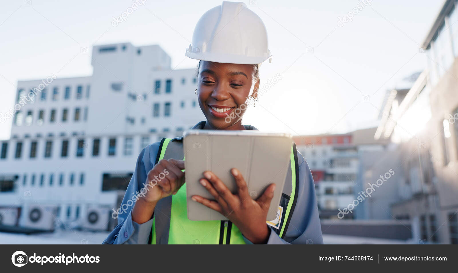 Black Woman Engineer Tablet Rooftop Construction Planning Building ...