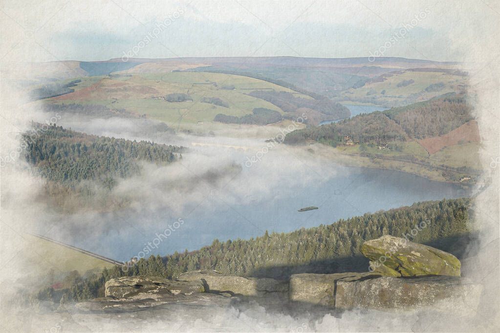 Bamford Edge. Ladybower y Hope Valley. Pintura digital en acuarela de una inversi n invernal de ...