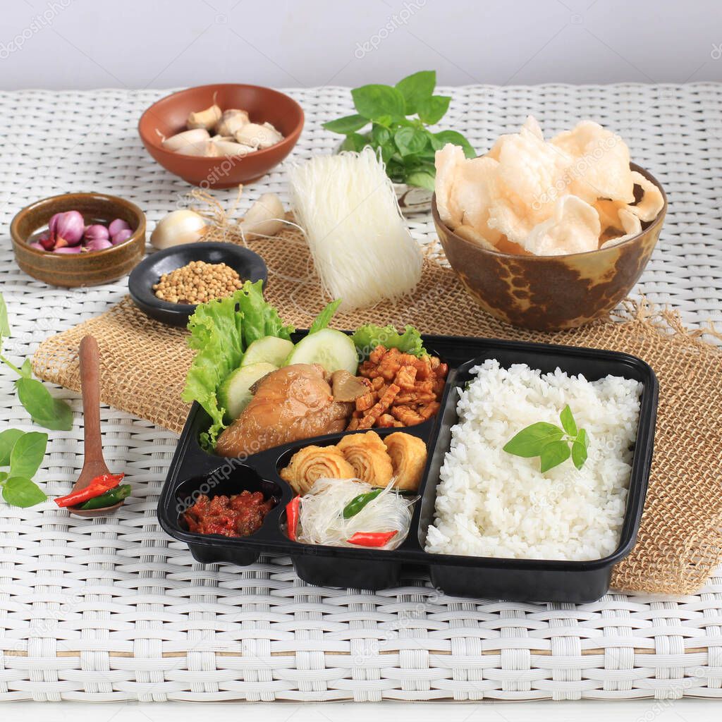 Rice Box or Indonesian Nasi Kotak with Soy Sauce Chicken, Oreg Tempeh ...