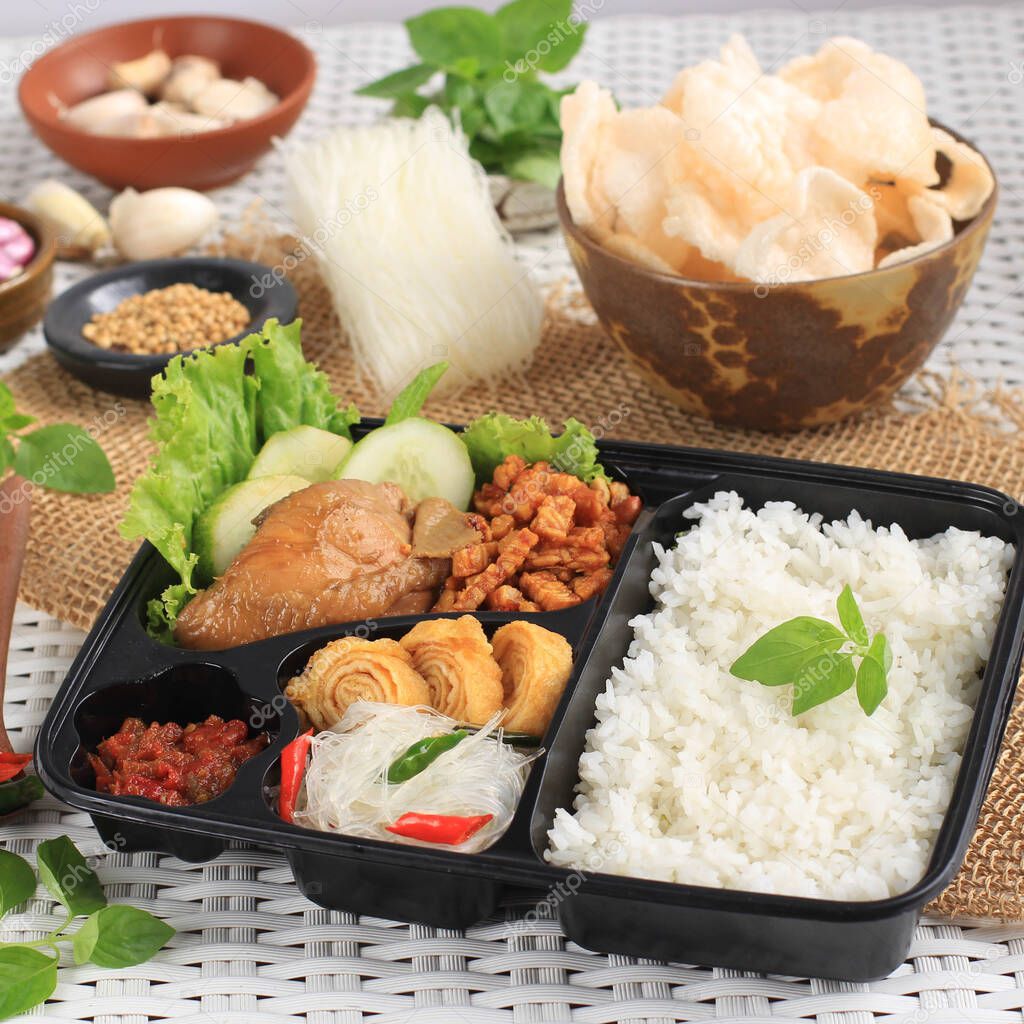 Rice Box or Indonesian Nasi Kotak with Soy Sauce Chicken, Oreg Tempeh ...