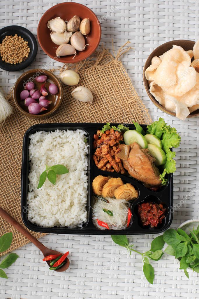 Rice Box or Indonesian Nasi Kotak with Soy Sauce Chicken, Oreg Tempeh ...