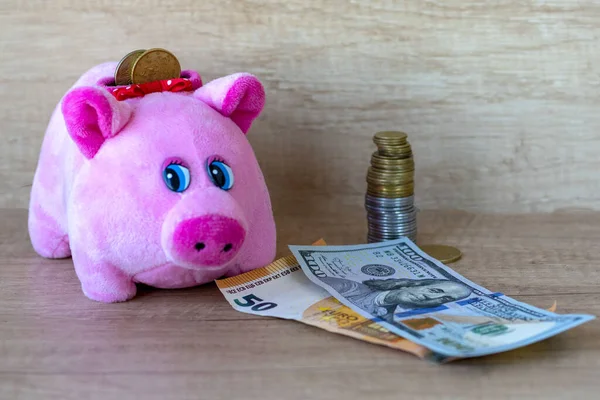 Pink Piggy Bank. Money box. Banknotes, Coins. saving , Financial and ...