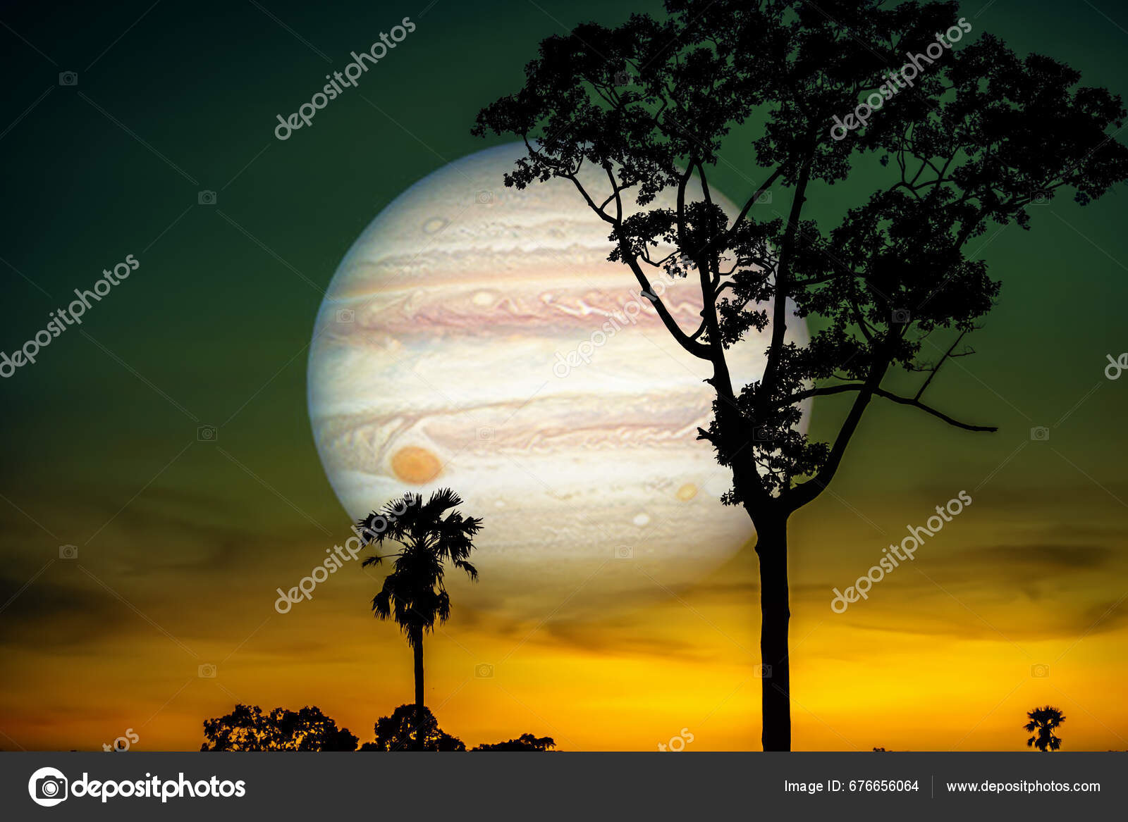 Jupiter Silhouette Top Tree Teal Yellow Sky Cloud Elements Image ...