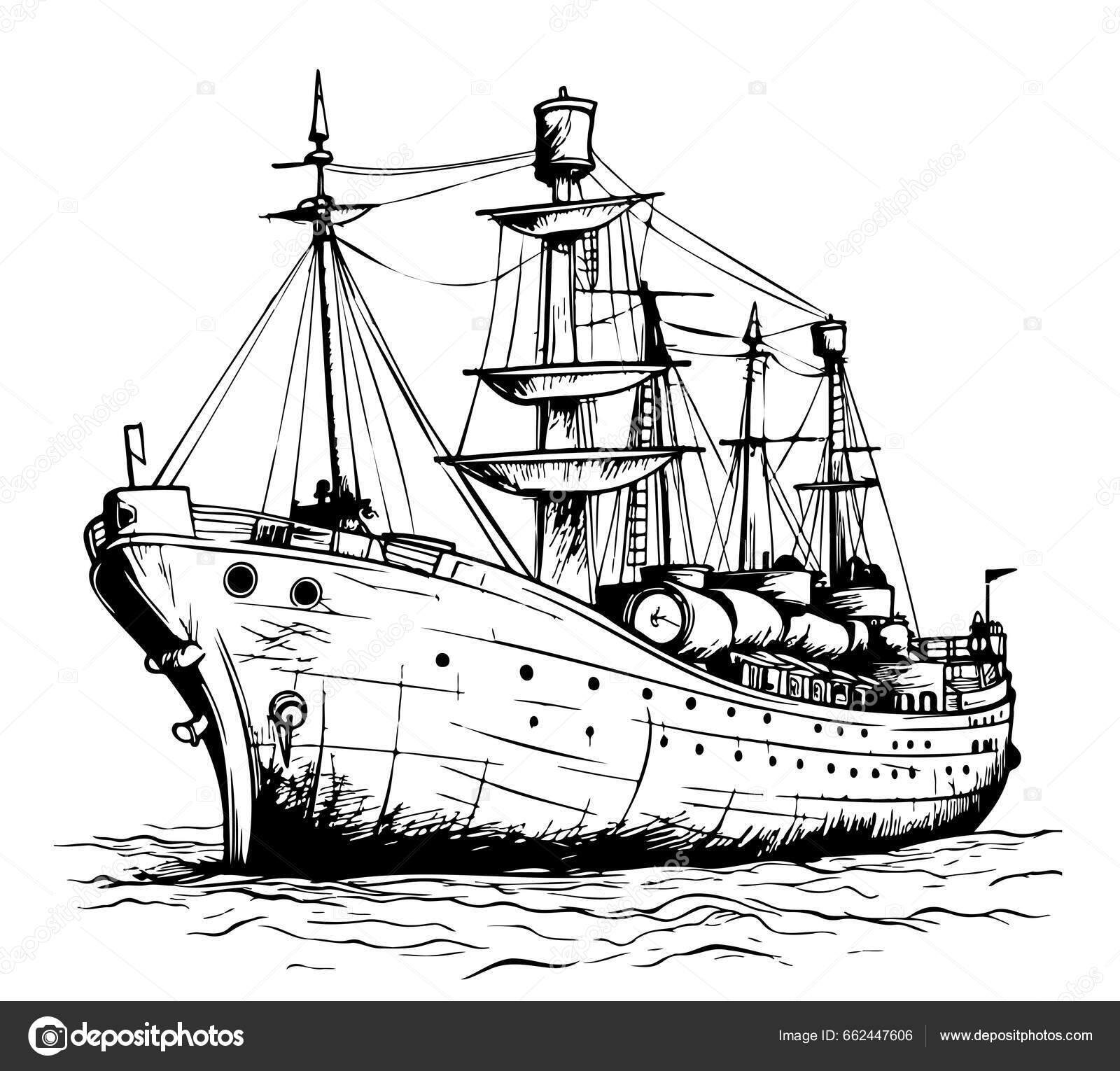 Desenho Navio Retrô Desenho Mão Gravura Estilo Ilustração Vetor de ...